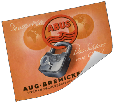 An orange poster showing an ABUS padlock hanging from the ABUS logo ...