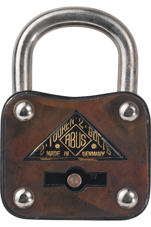 An old, square padlock with a bronze-coloured lock body, silver ...