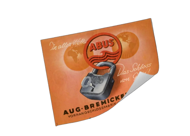 An orange poster showing an ABUS padlock hanging from the ABUS logo ...