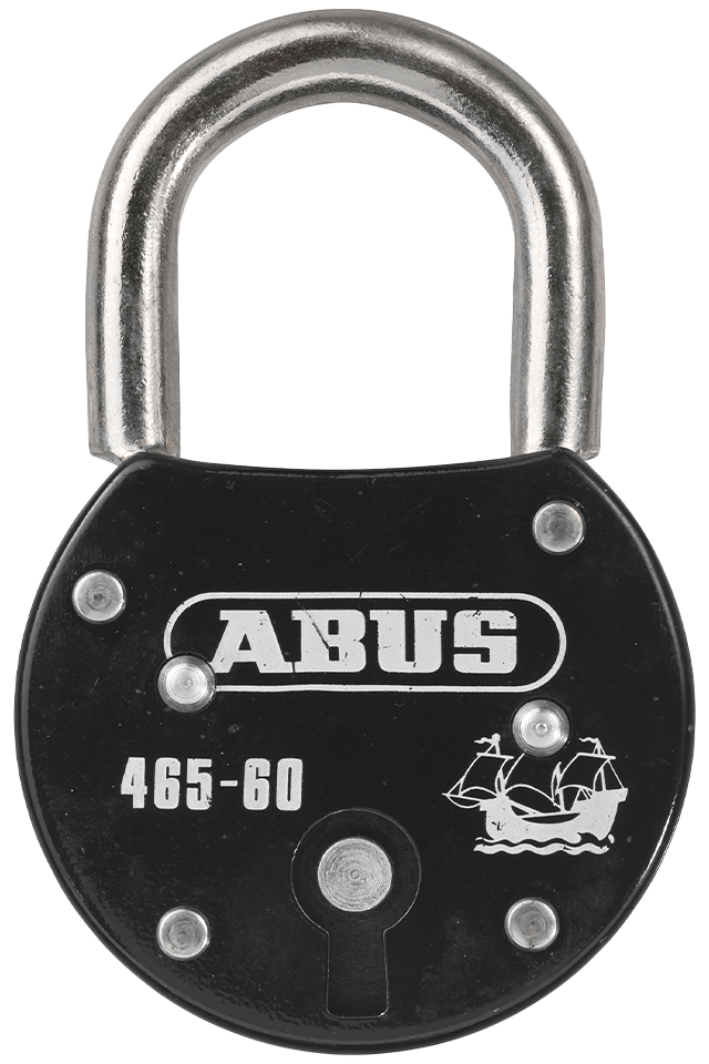 An old, semi-circular padlock with a black lock body with white ...